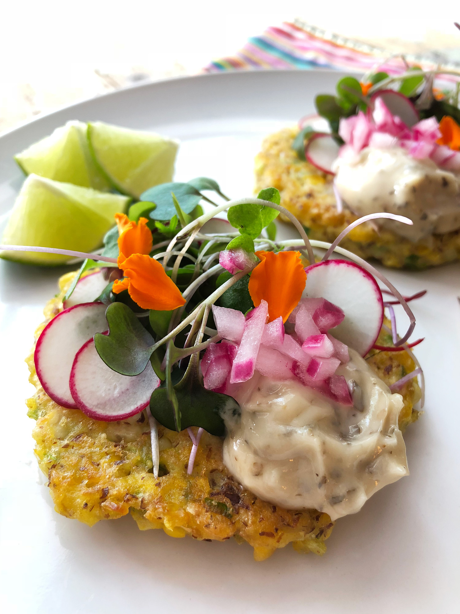Corn Fritters with Basil & Lemon Aioli by Marisa Ford - Delicious & Sons